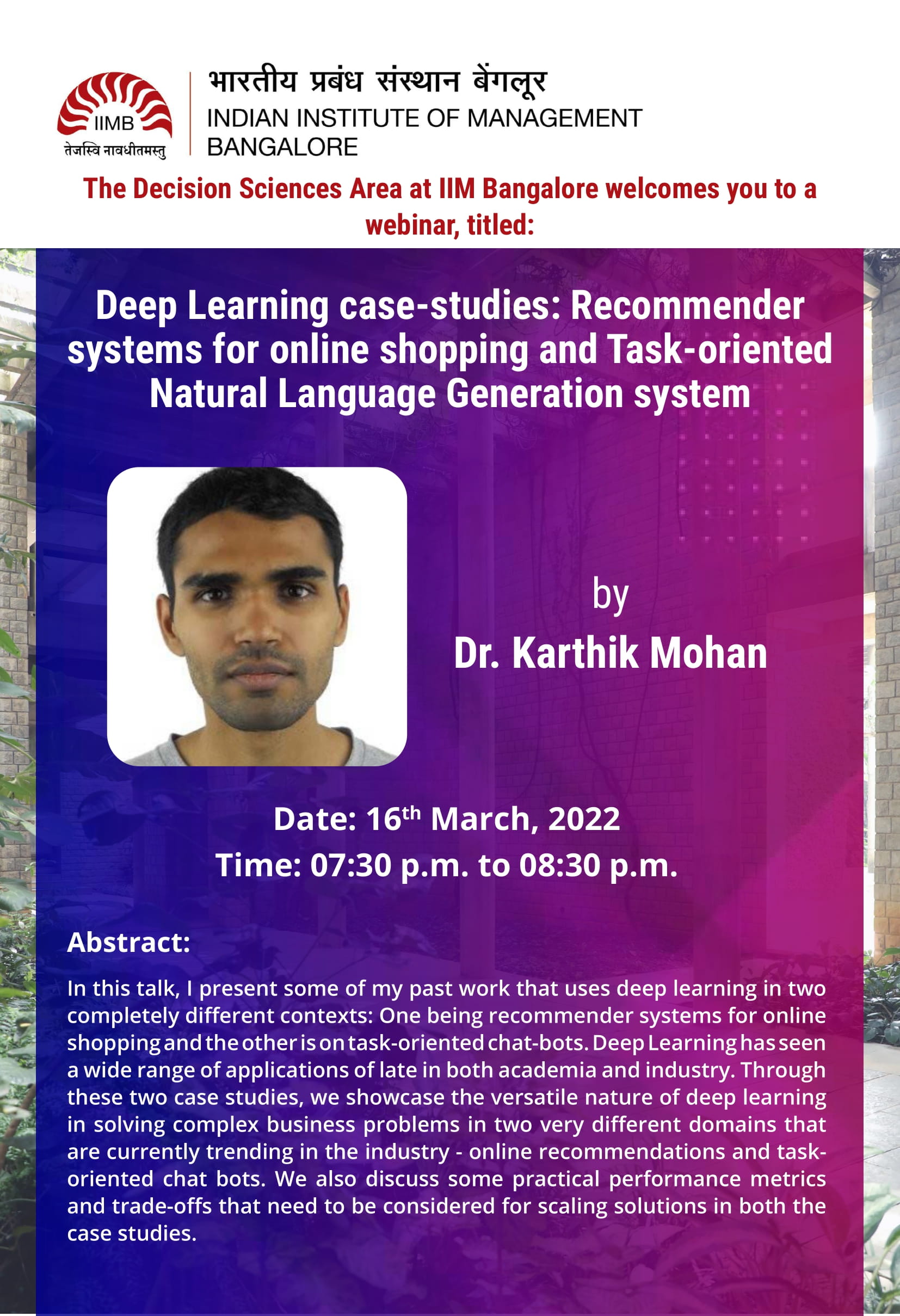 Decision Sciences area hosts webinar by Karthik Mohan on March 16 | IIM Bangalore